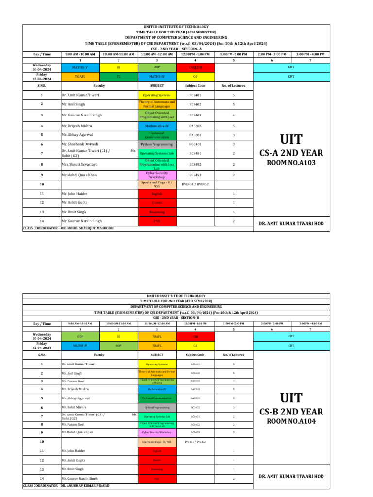Time Table Cs Even 2023 - 24 2nd Year 10-12 April | PDF | Object Oriented Programming ...