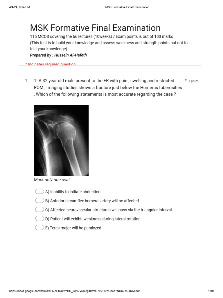 MSK Final Exam: 115 MCQs Overview | PDF | Arm | Elbow