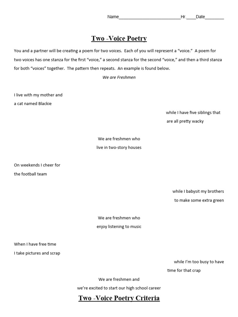 Two - Voice Poetry: We Are Freshmen | PDF | Poetry