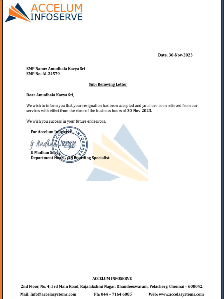 Relieving Letter for Amudhala Sri | PDF