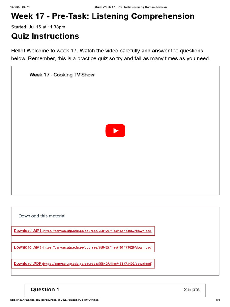 Quiz_ Week 17 - Pre-Task_ Listening Comprehension | PDF | Western ...