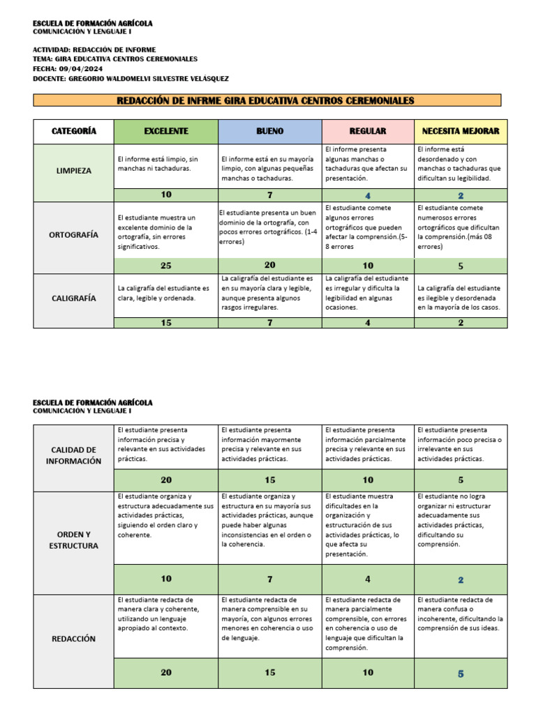 Rúbrica Informe de Gira Educativa | PDF | Comunicación humana | Cognición