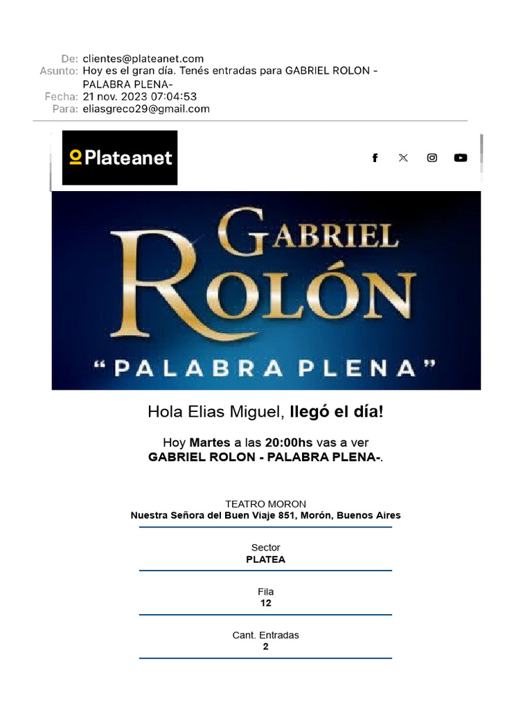 Hoy es el gran día. Tenés entradas para GABRIEL ROLON - PALABRA PLENA- | PDF
