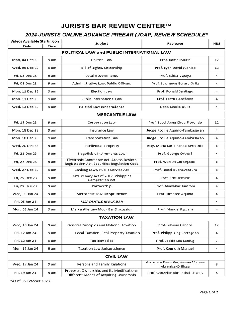 2024 JOAP Schedule of Lectures | PDF | Civil Law (Legal System ...