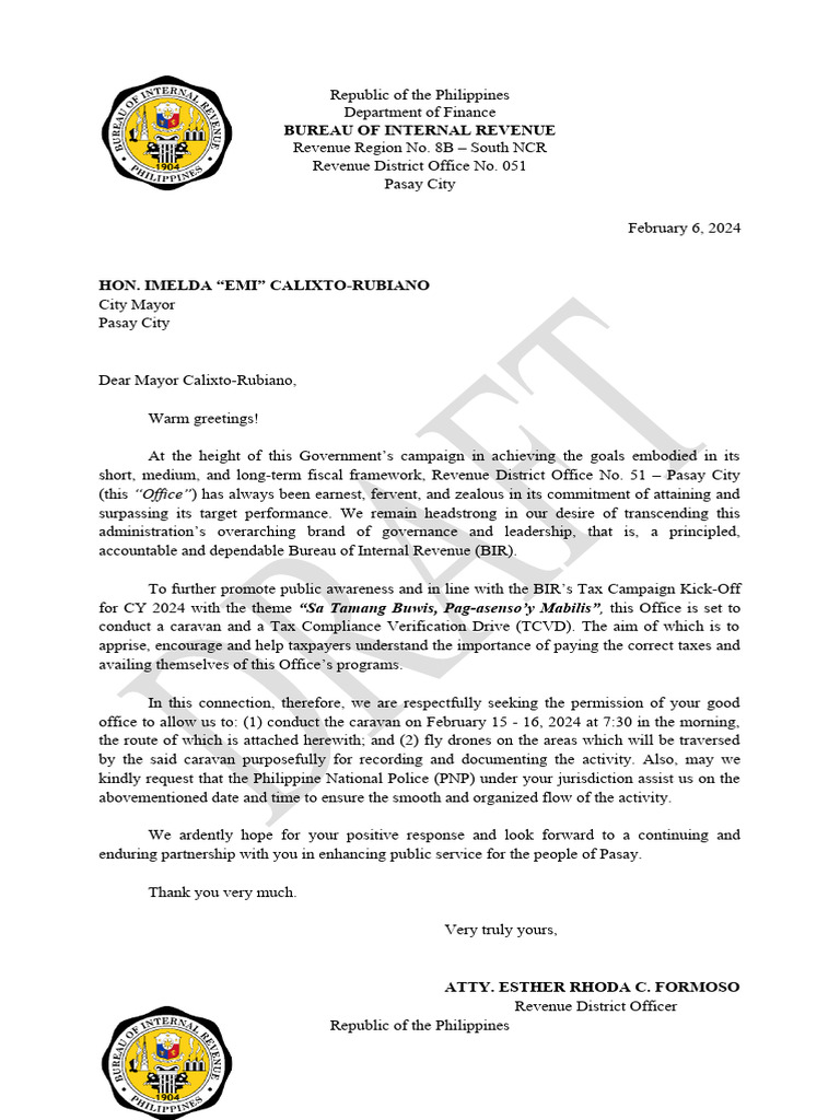 Letter - Permit Motorcade | PDF | Taxes | Government Finances