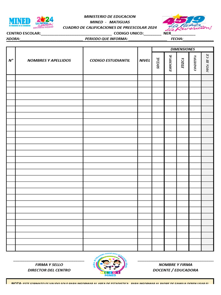 Cuadro de Calificaciones Preescolar 2024 | PDF
