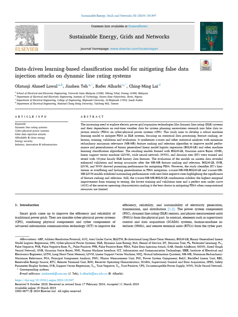 Data Driven Learning Based Classification Model For Mitigating False Data Injection Attacks On