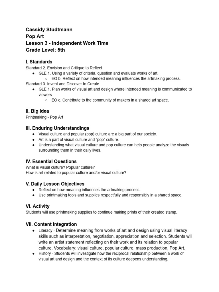 5th Grade Pop Art Lesson Plan | PDF | Differentiated Instruction | Andy ...