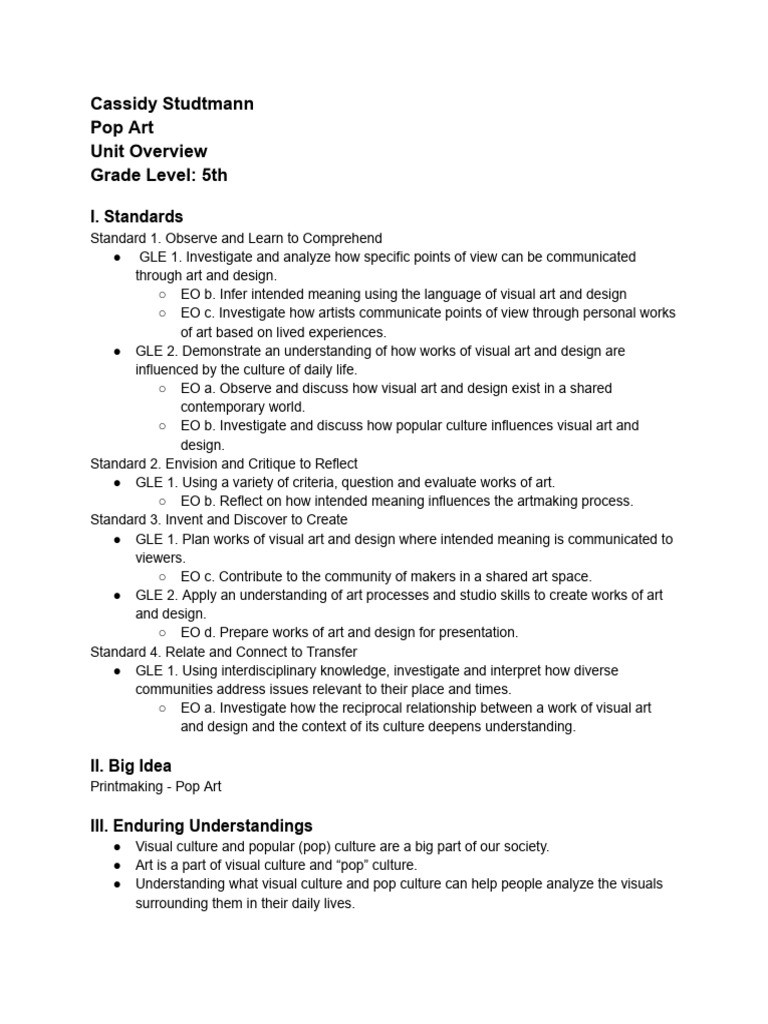 5th grade pop art unit overview | PDF | Design | Differentiated Instruction