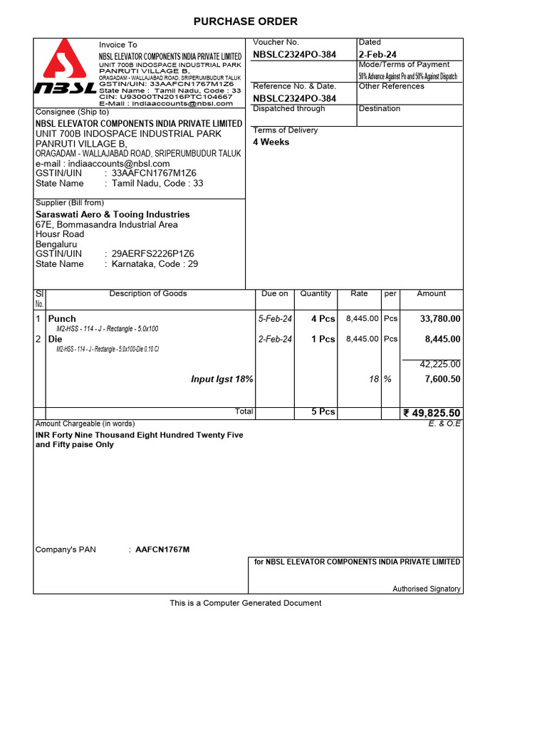 NBSL Purchase Order for Tooling Components | PDF | Business Documents