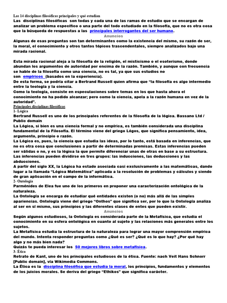 Las 14 Disciplinas Filosóficas Principales y Qué Estudian | PDF ...