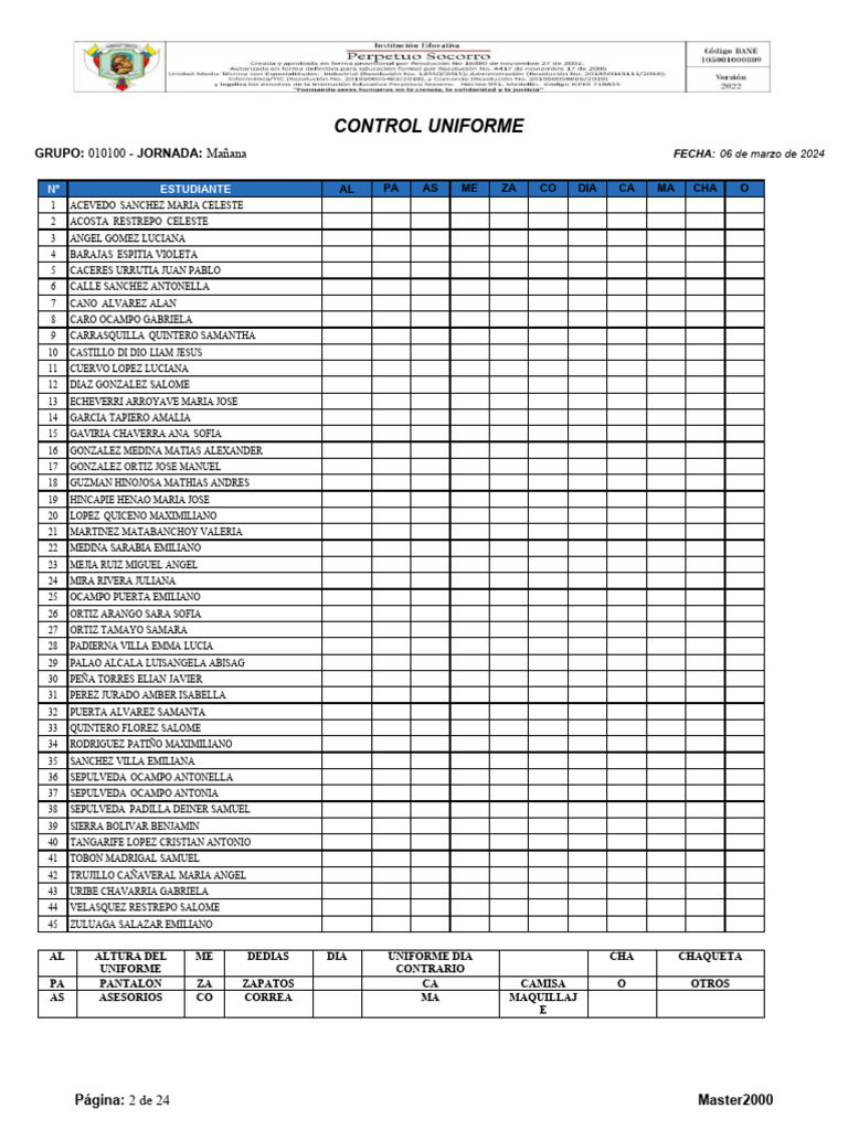 Control de Uniformes Estudiantiles 2024 | PDF