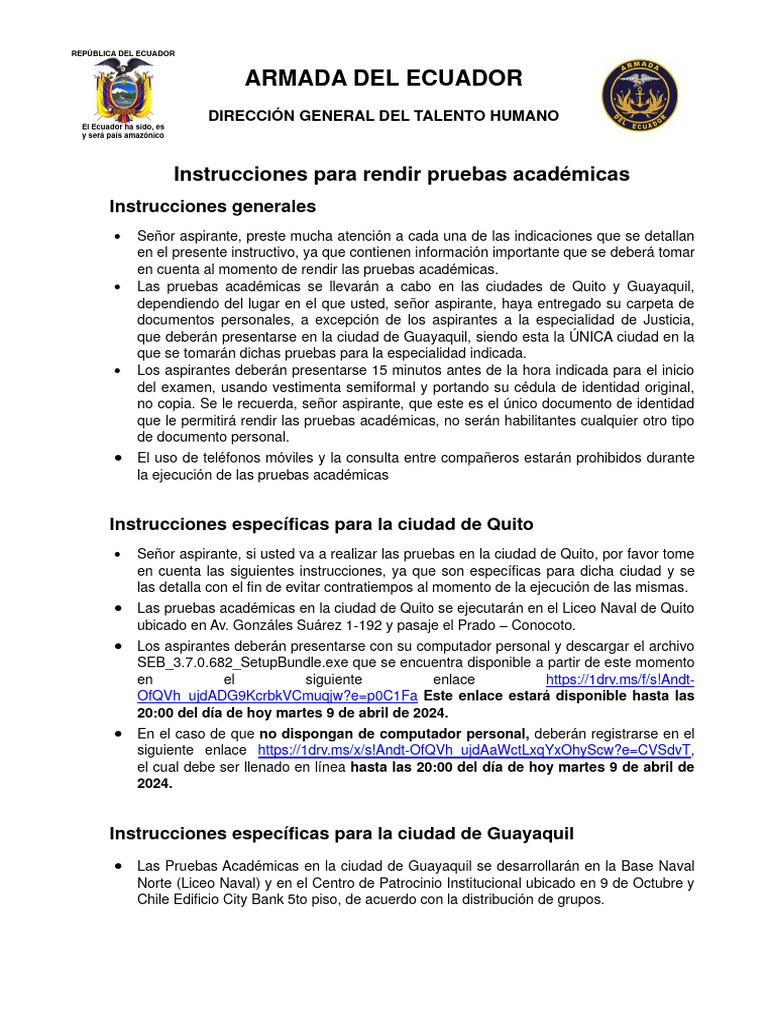 Instrucciones para Pruebas Académicas Ecuador | PDF