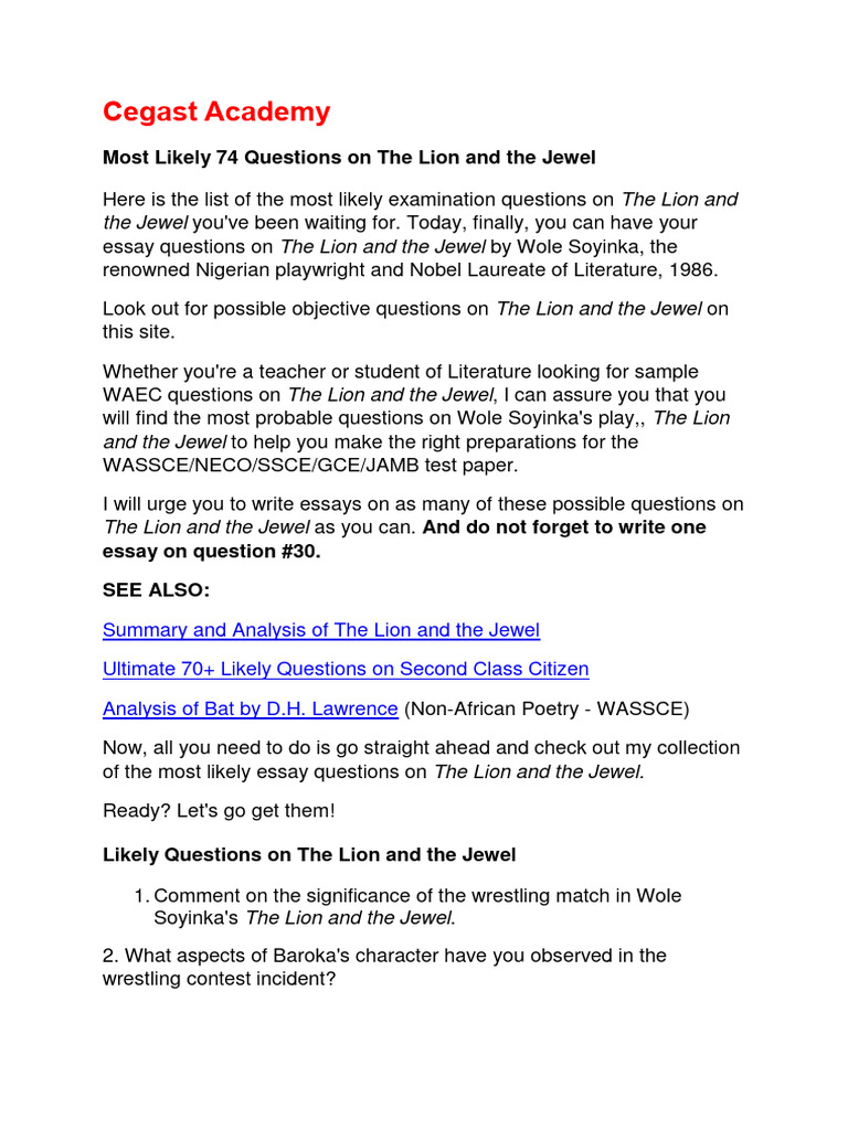 The Lion and The Jewel Likely Questions PDF | PDF