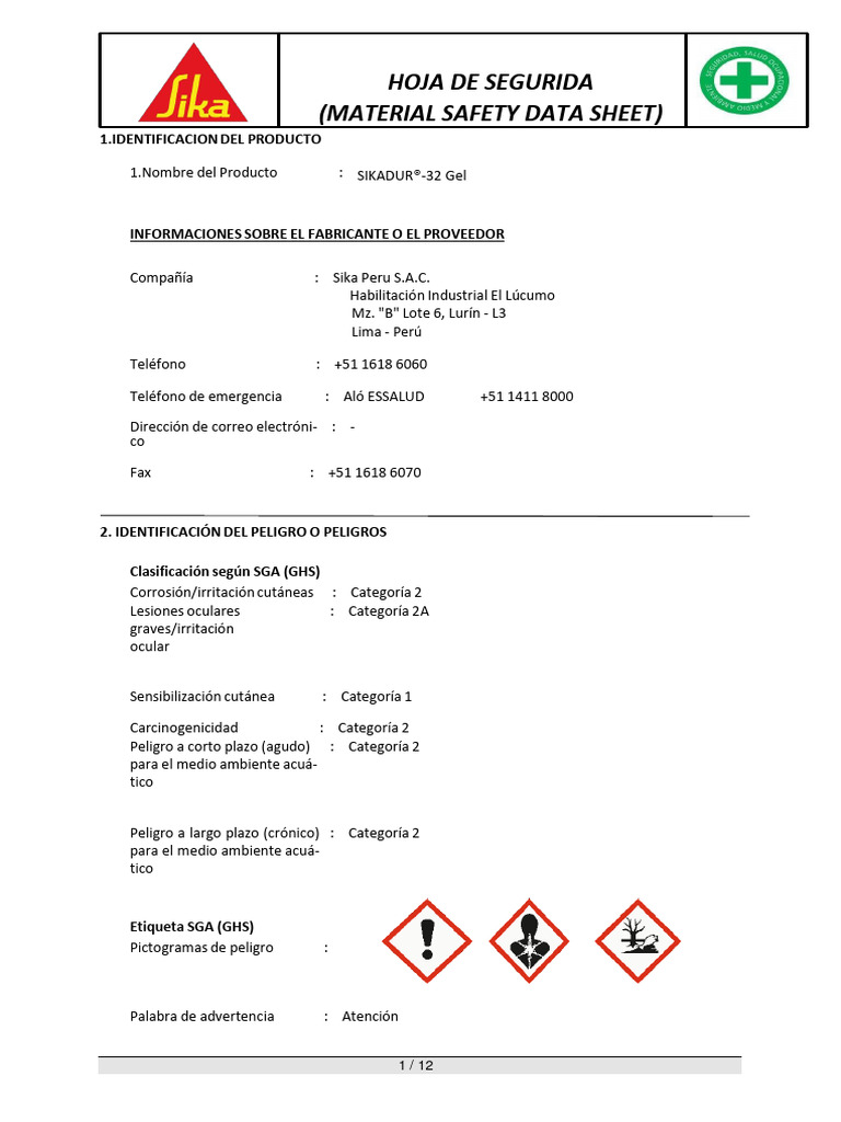 Hoja MSDS Sika 32-1 | PDF | Agua | Toxicidad