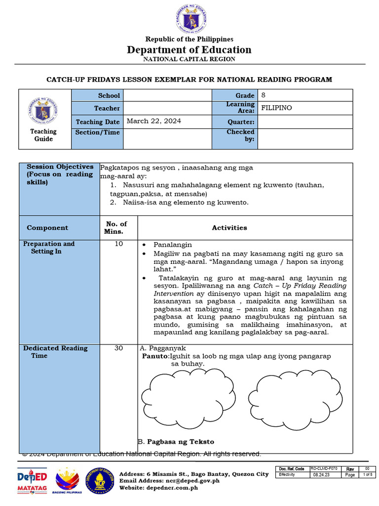 Catch Up Friday Lesson Plan FIL8 - March22 | PDF