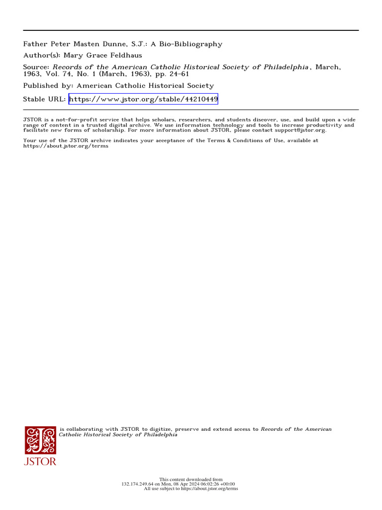 Father Peter Masten Dunne, S.J. A Bio-Bibliography | PDF