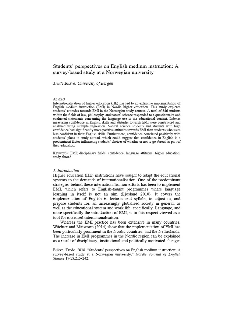Students' Perspectives On English Medium Instruction - A Survey-Based ...