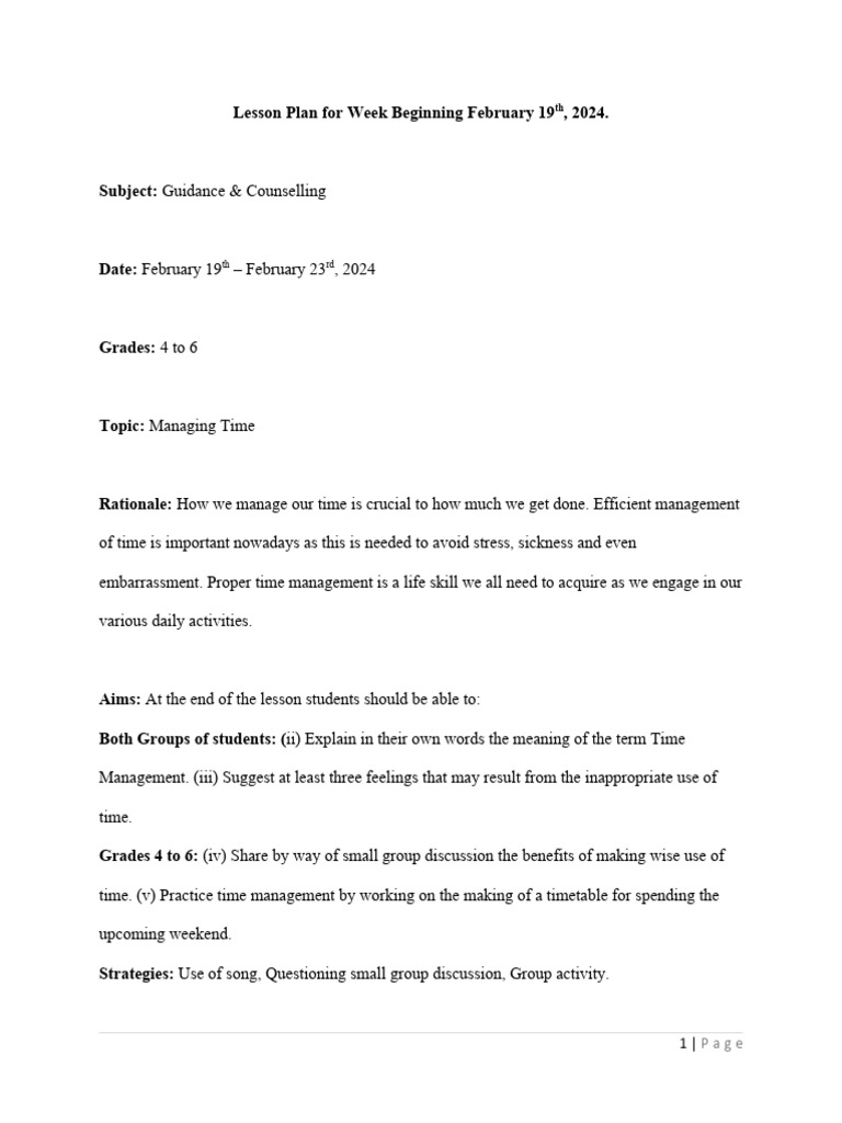 Time Management Lesson Plan for Grades 4-6 | PDF | Time Management ...