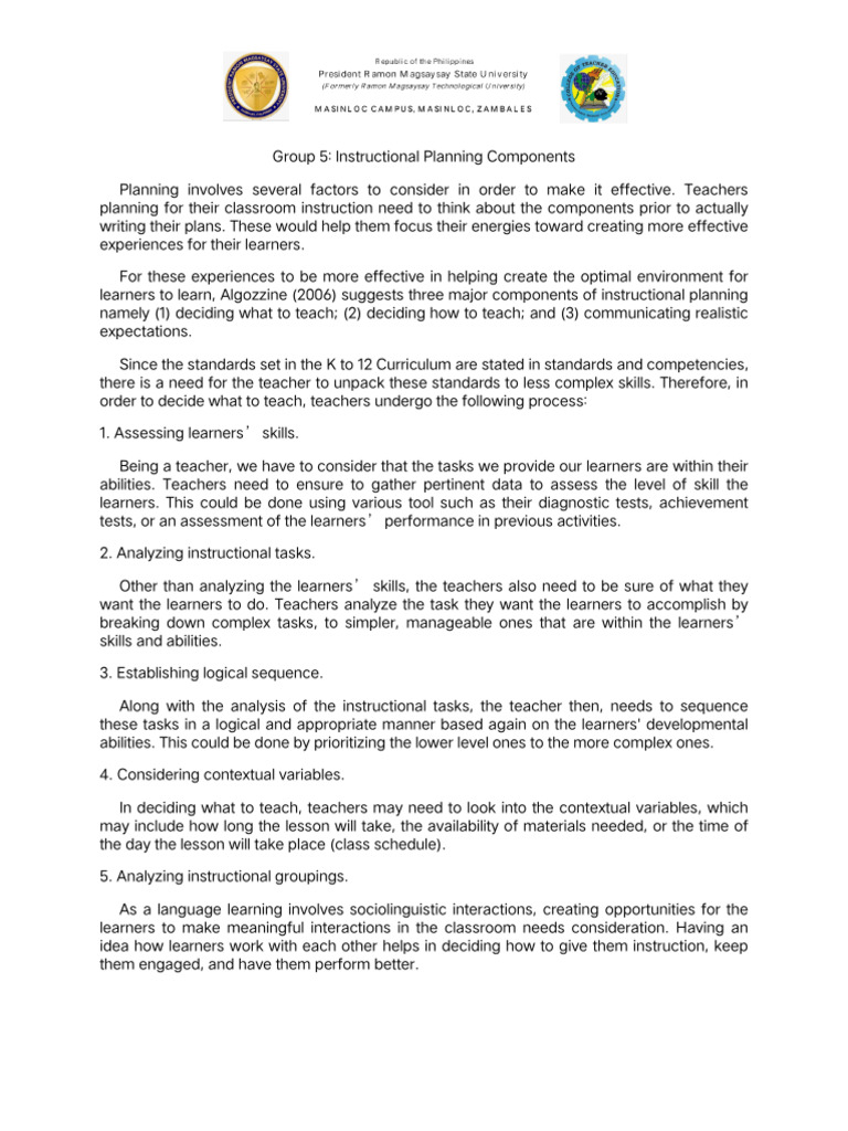 ESC10 Group5 Instructional Planning Components | PDF | Learning | Teachers