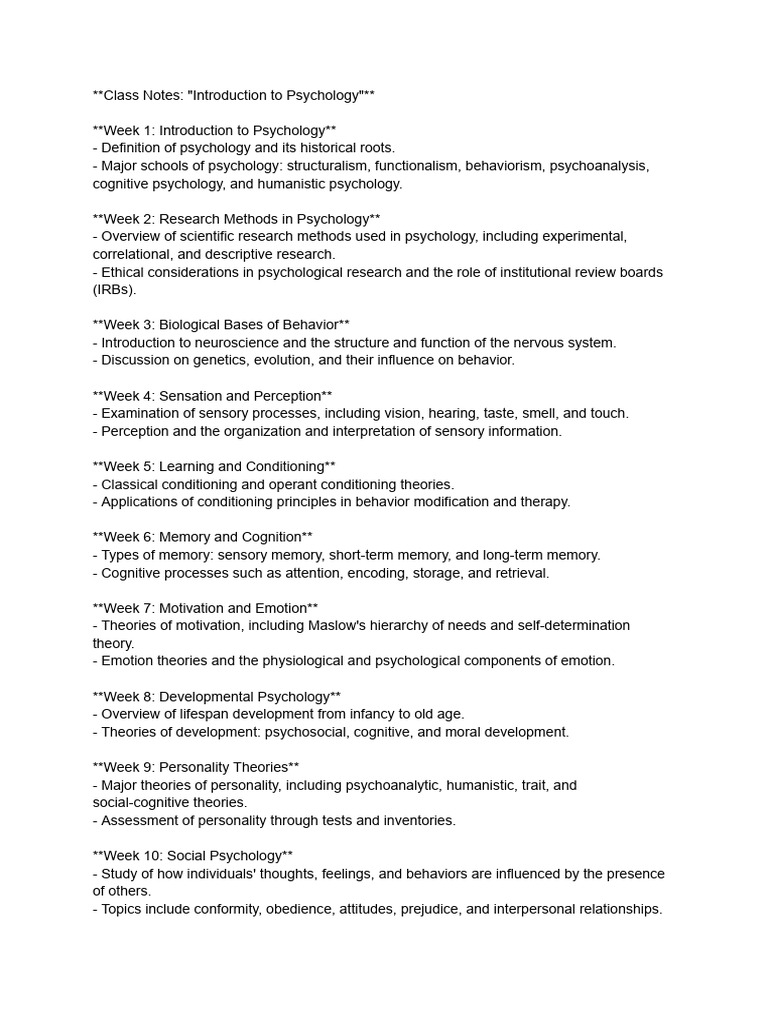 Class Notes - Introduction To Psychology | PDF | Psychology | Mental ...