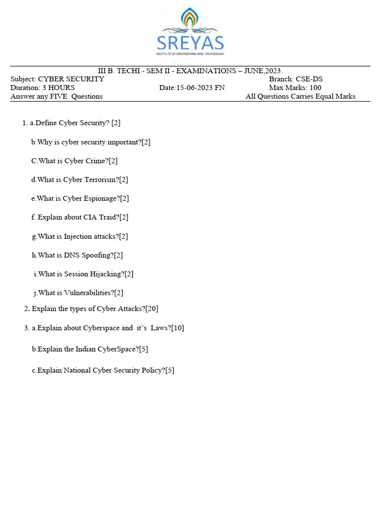 cyber security Question paper 3-2 CSE(DS) | PDF