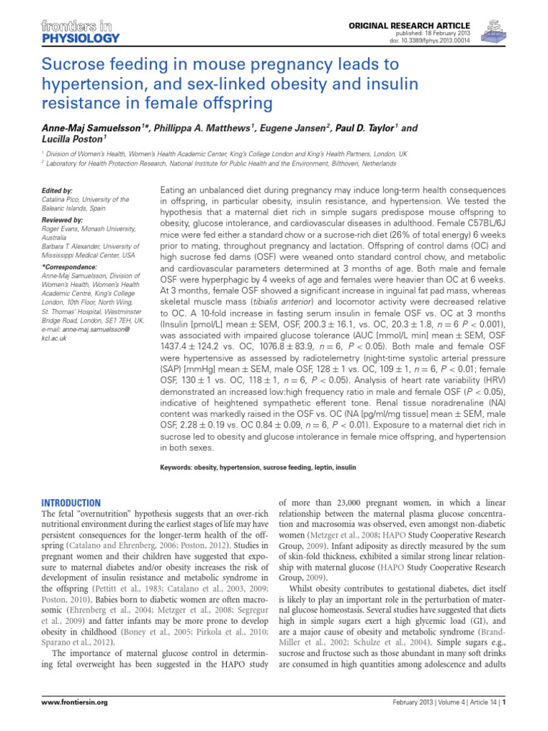 Sucrose Feeding in Mouse Pregnancy Leads To Hypertension, and Sex ...