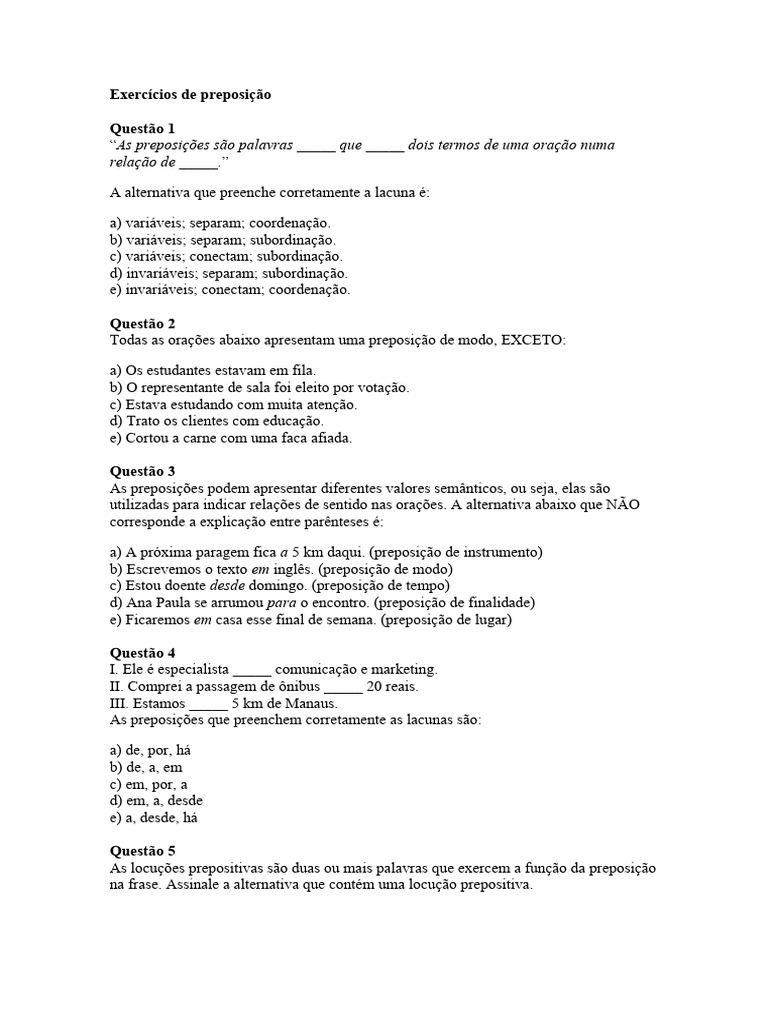 Exercícios de Preposição com Gabarito | PDF | Preposição e posposição ...