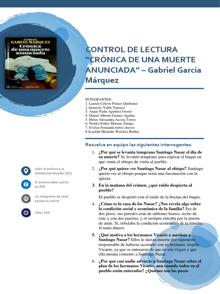 Control de Lectura - Crónica de Una Muerte Anunciada | PDF