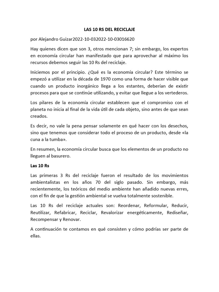 Las 10 Rs del Reciclaje y Economía Circular | PDF | Residuos | Reciclaje