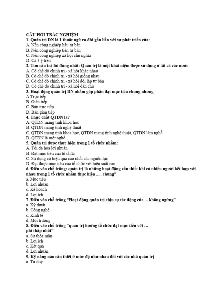 CÂU HỎI TRẮC NGHIỆM QTH | PDF