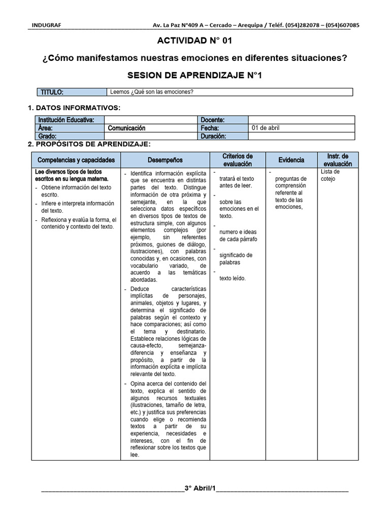 3° Grado - Sesiones Del 01 de Abril | PDF | Evaluación | Las emociones