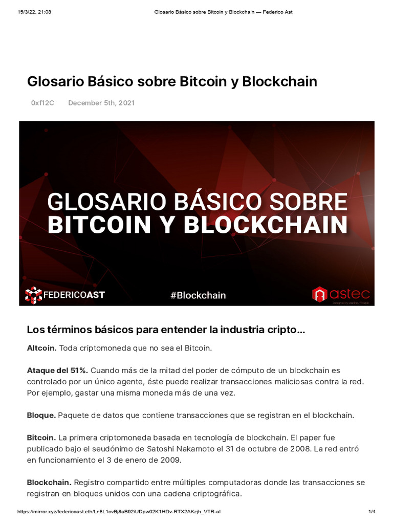 7 - Glosario Básico sobre Bitcoin y Blockchain — Federico Ast | PDF | Criptomoneda | Bitcoin