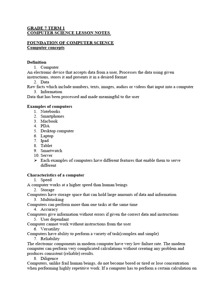 Grade 7 Computer Science Notes Term 1 Pdf Central Processing Unit