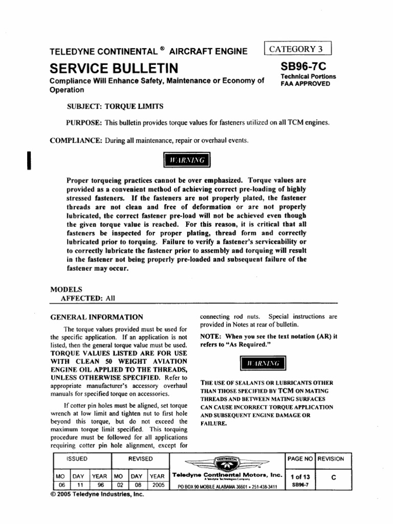 SB96-7C Torque Limits TCM | PDF | Nut (Hardware) | Engines