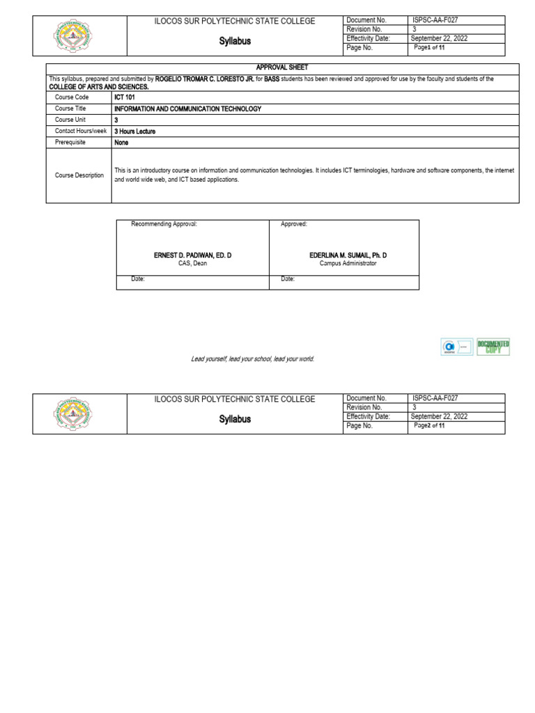ICT 101 Syllabus Overview | PDF | Microsoft Power Point | System