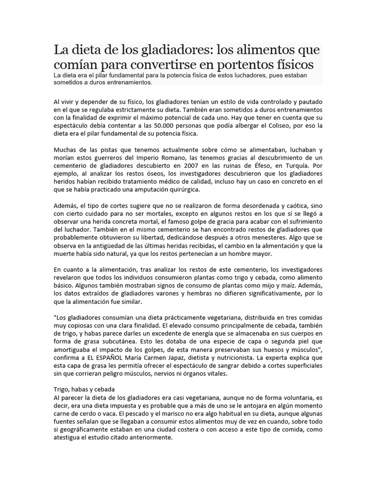 La Dieta de Los Gladiadores | PDF | Gladiador | Alimentos