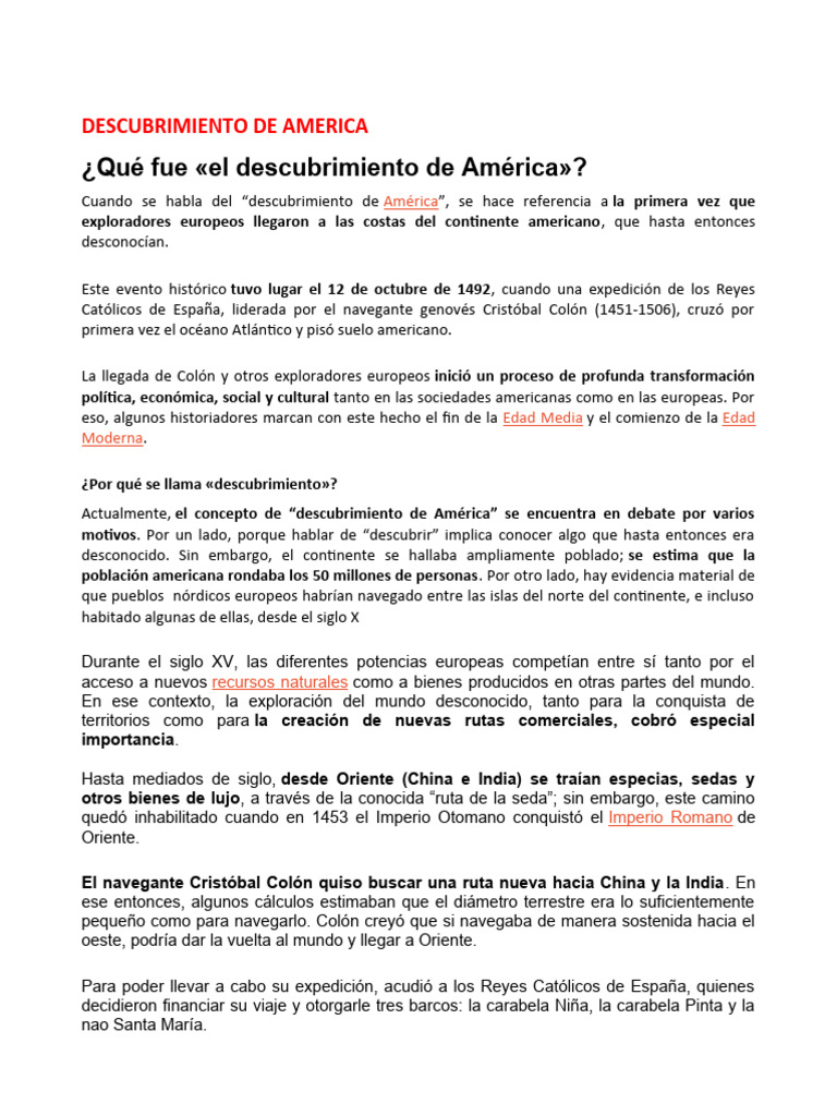 Resumen del Descubrimiento de América | PDF | Cristobal colon | Américas