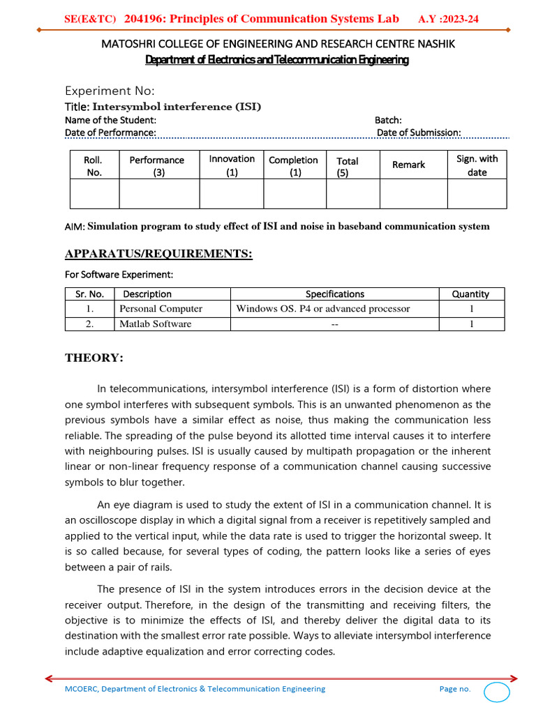 EXPT NO 10_ISIandNoise | PDF | Information And Communications Technology | Telecommunications ...