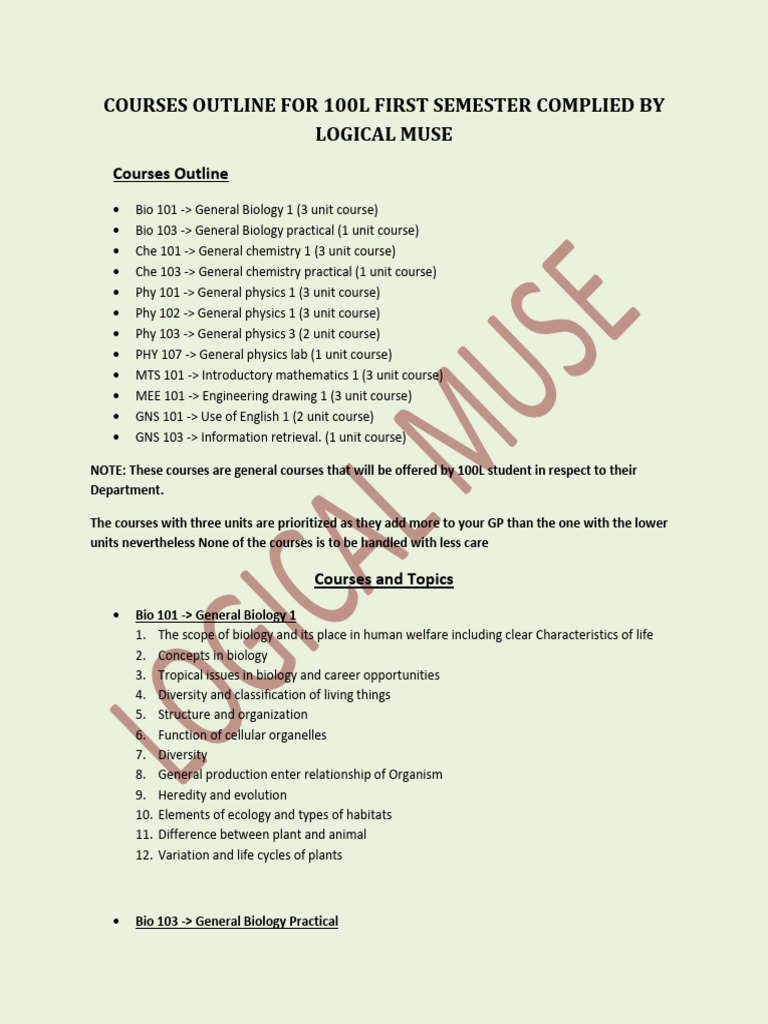 Courses Outline For 100L First Semester Complied by Logical Muse | PDF ... Courses Outline For 100L First Semester Complied by Logical Muse | PDF ...