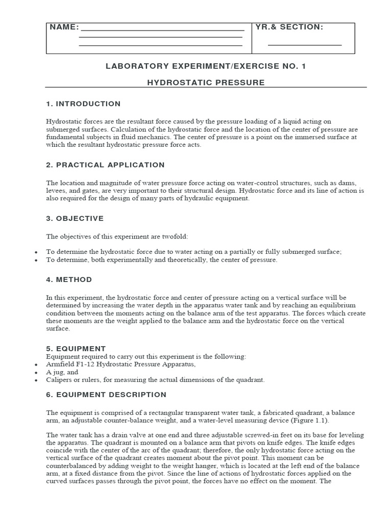 EXPERIMENT Hydrostatic | Download Free PDF | Force | Pressure