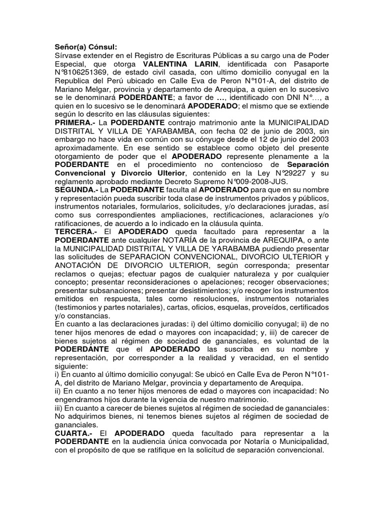 Modelo Poder por Consulado | PDF | Divorcio