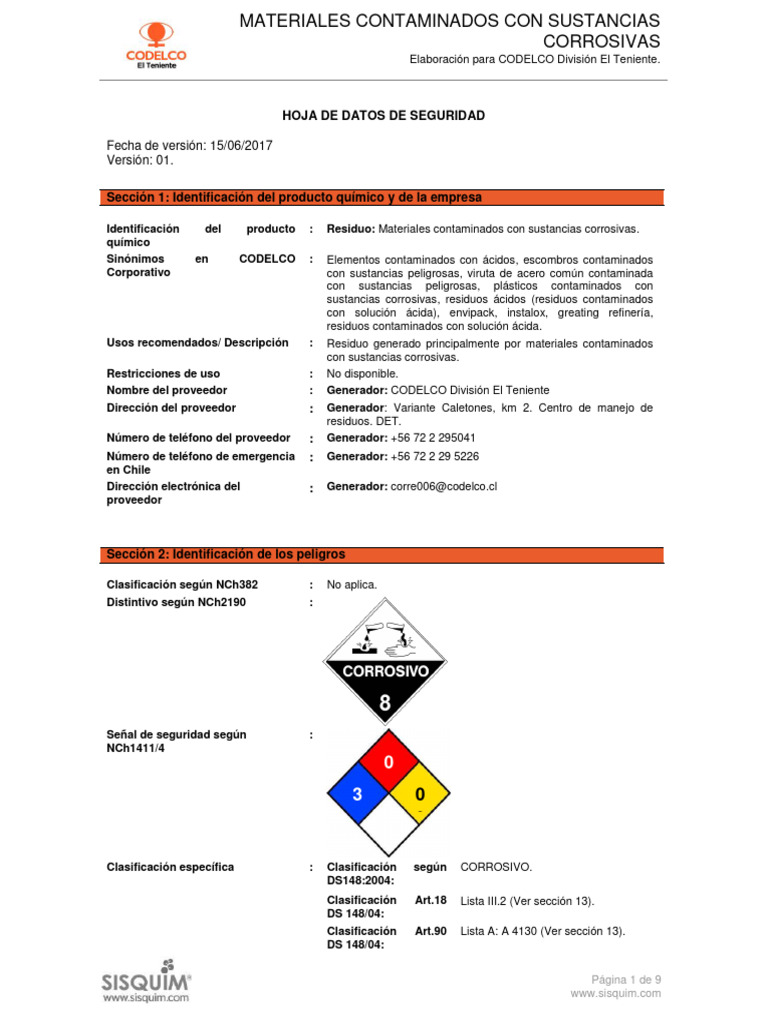HDS Material Contaminado Con Acido Sulfurico | PDF | Agua | Residuos