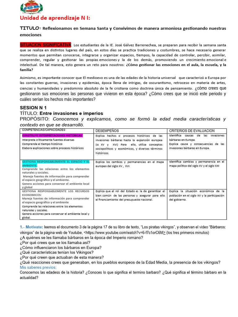 Ficha de La Sesion 1 CC - Ss 2do | PDF | imperio Romano | Las emociones