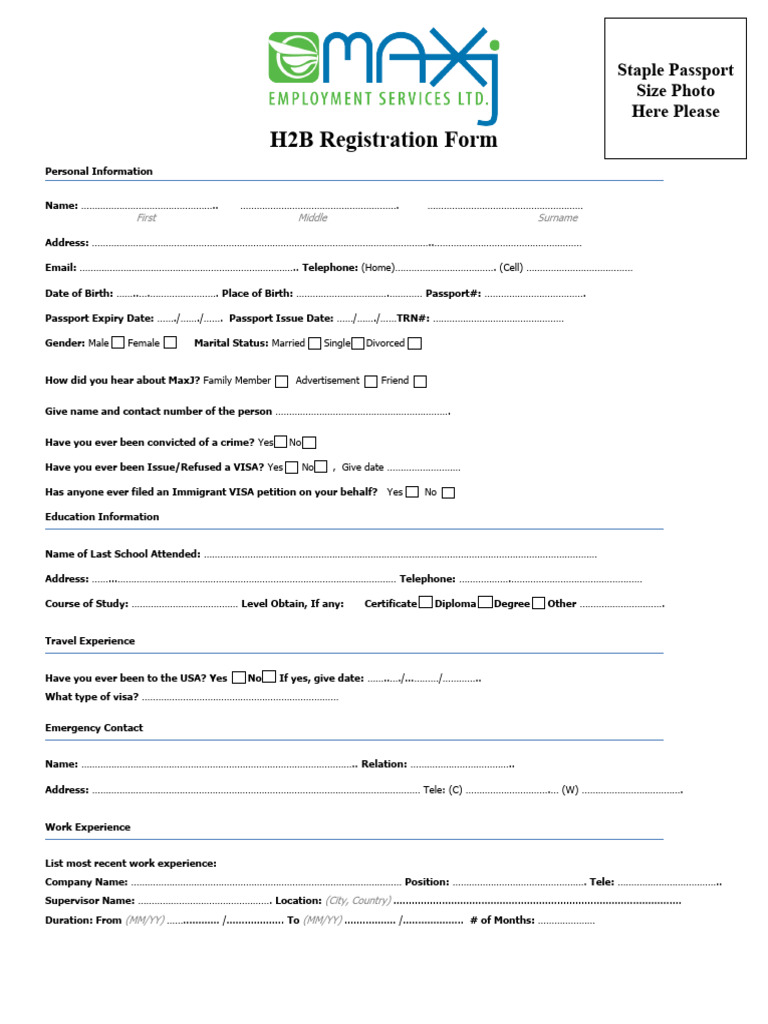 MaxJ H2B Registration Form | Download Free PDF | Government And Personhood