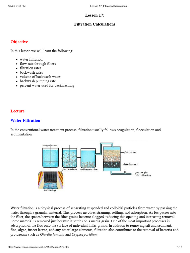 Lesson 17_ Filtration Calculations | PDF | Filtration | Water Purification