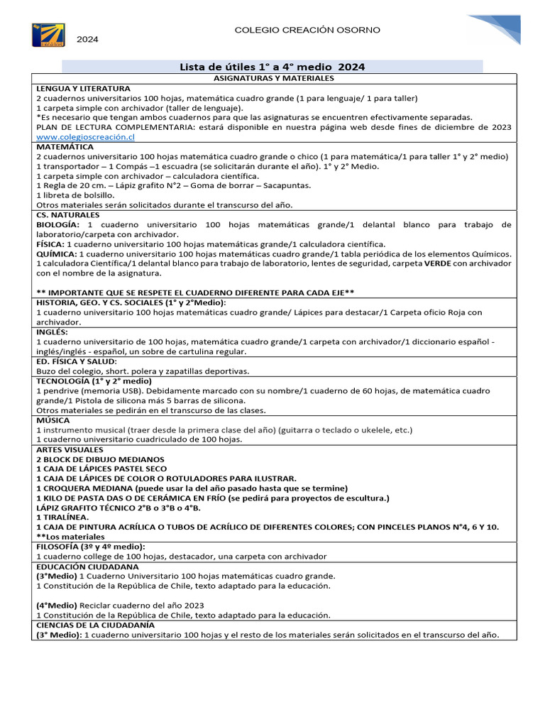 lista-de-tiles-escolares-1-a-4-ao-medio_oDY9b | PDF | Lápiz | Cuaderno