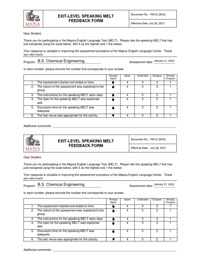 MELT Feedback Form | PDF