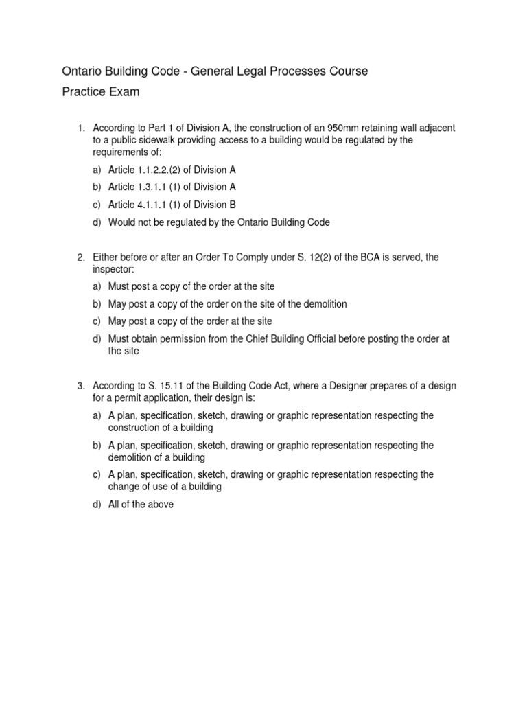 BCIN General Legal Exam Practice Questions | PDF | Building Code | Risk