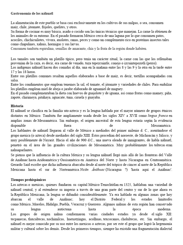 Gastronomía de Los Náhuatl | PDF | Náhuatl | Cocina mexicana